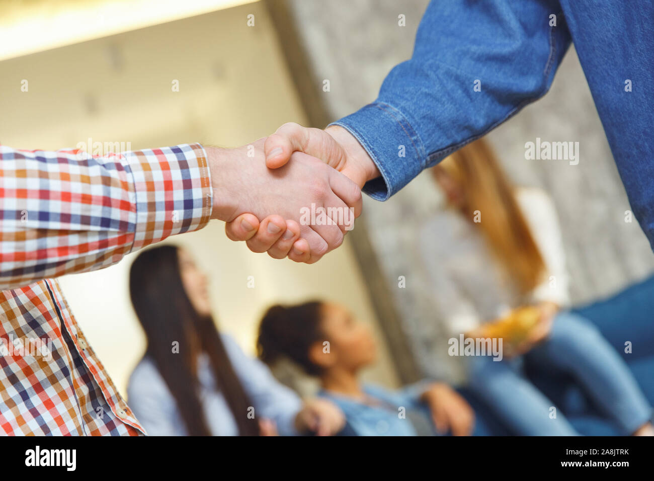 Group of friends having party indoors fun together shaking hands Stock ...