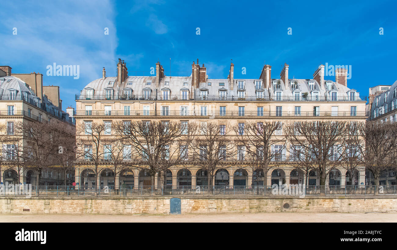 Paris, typical facade and windows, beautiful building rue de Rivoli ...