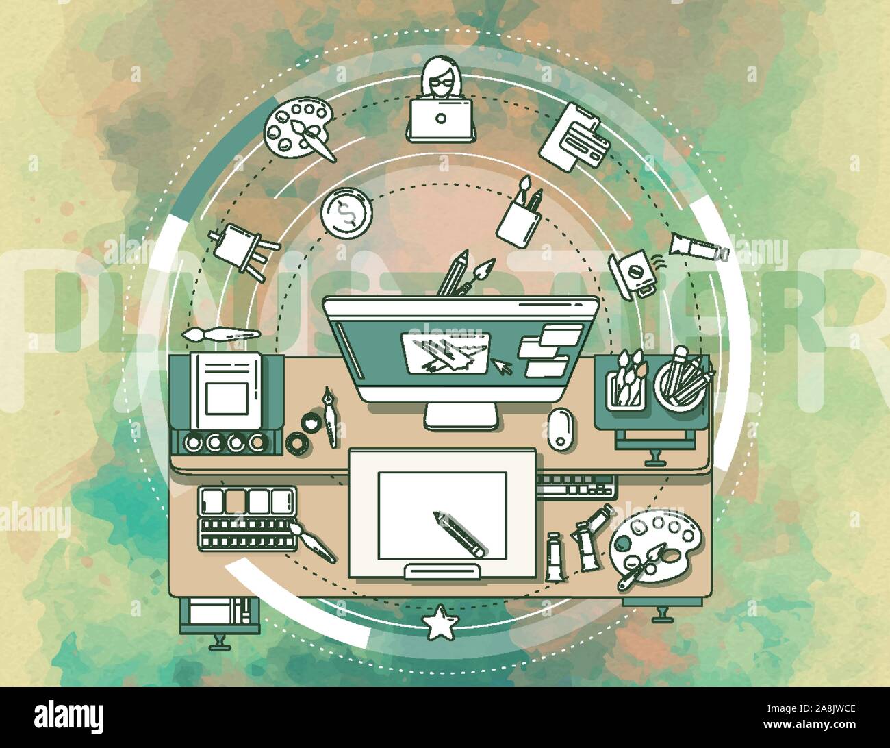 Creative, complex illustration on illustrators. The image contains many ...