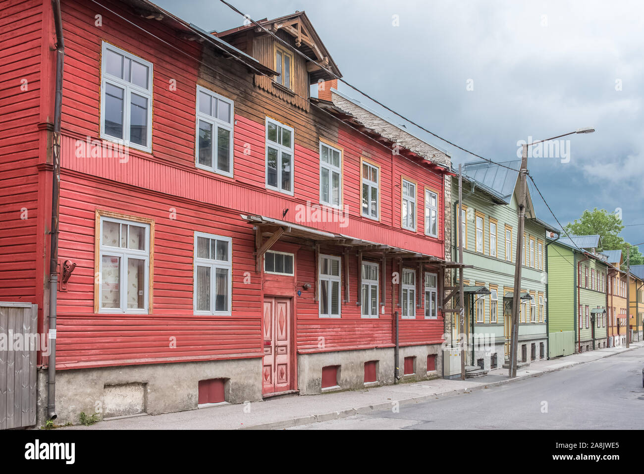 Tallinn in Estonia, wooden colorful houses in Kalamaja neighborhood ...