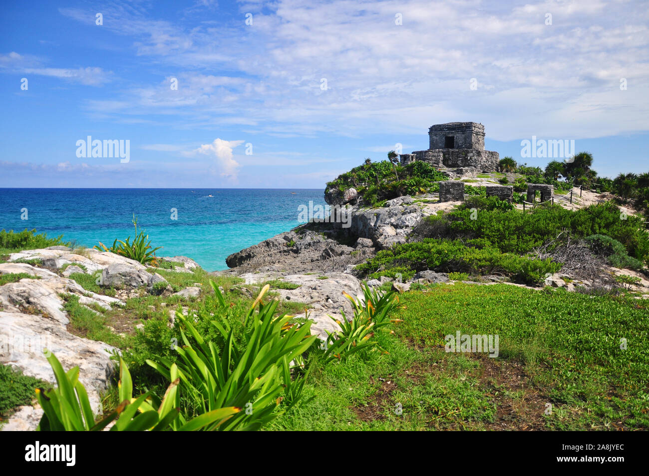 God of Winds Temple at Tulum archeological site, a pre-columbian Mayan ...