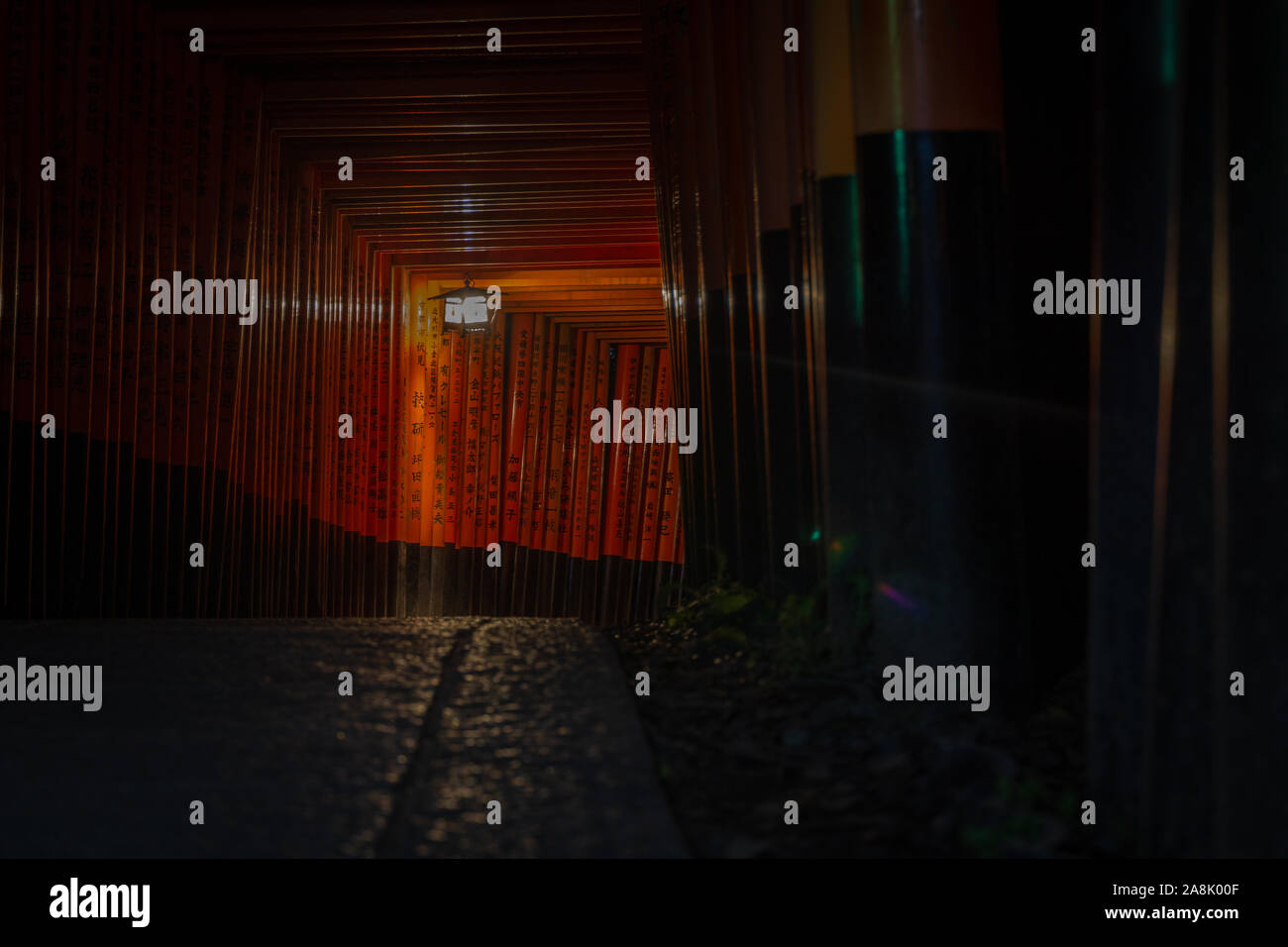 Red Torii gates in Fushimi Inari shrine in Kyoto, Japan at night Stock ...