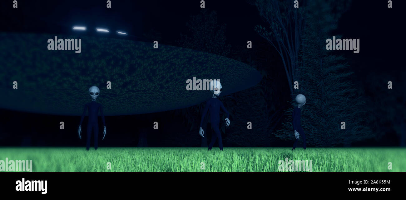 Alien Ufo in Forest with three Grey Aliens extremely detailed and ...