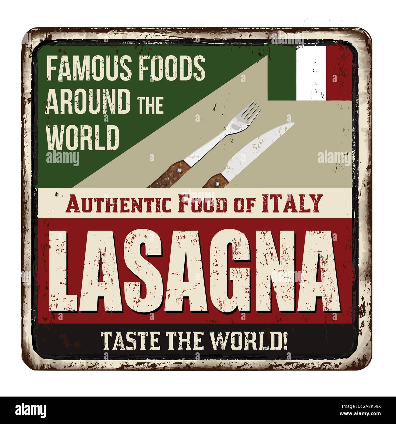 Famous foods around the world. Lasagna vintage rusty metal sign on a ...
