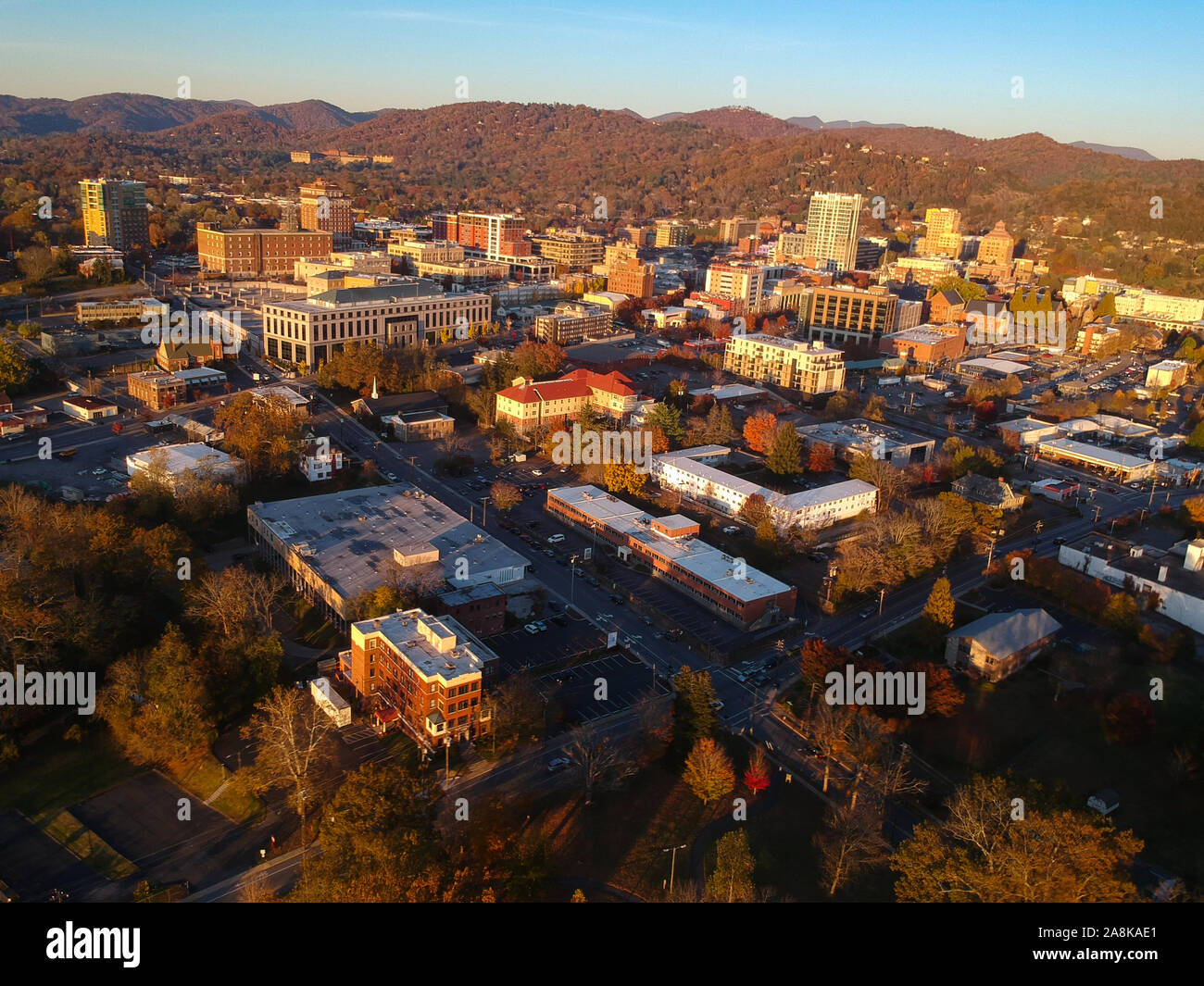 Downtown Asheville, North Carolina. Aerial drone view of the city in ...
