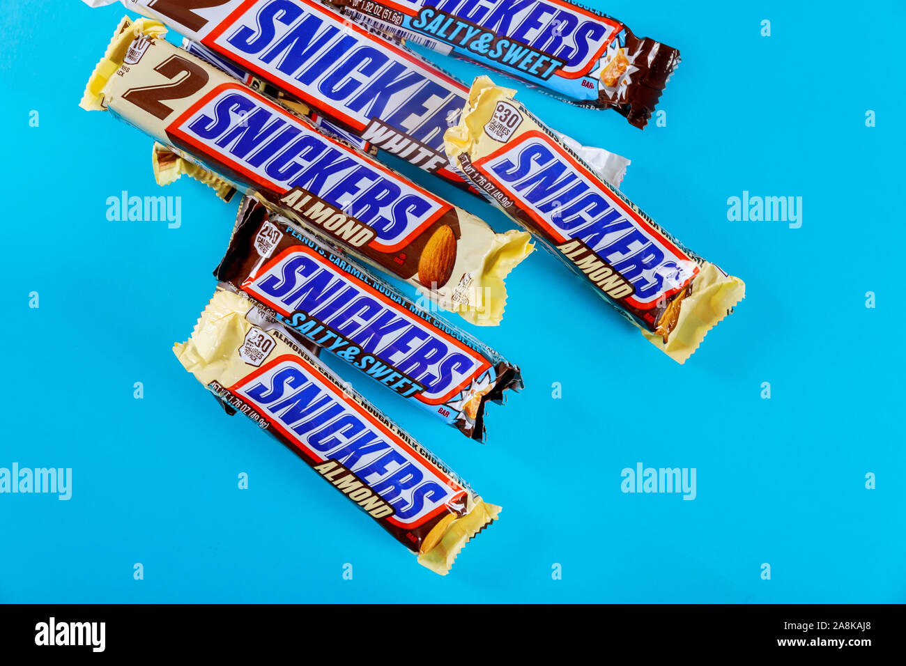 New York NY NOV 08 2019: View of Snickers chocolate bar of snickers ...