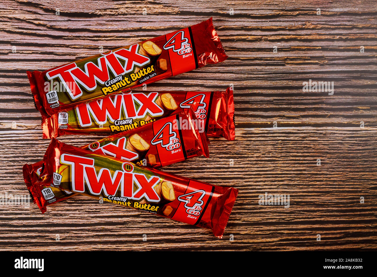 New York NY NOV 08 2019: Twix brand candy in large bars with caramel ...