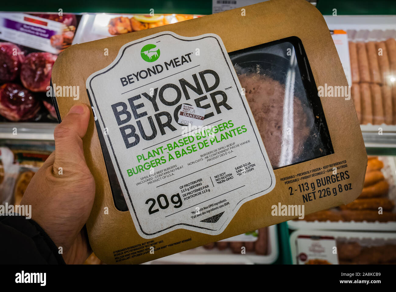 beyond meant plant based meat burger patty package in a supermarket ...