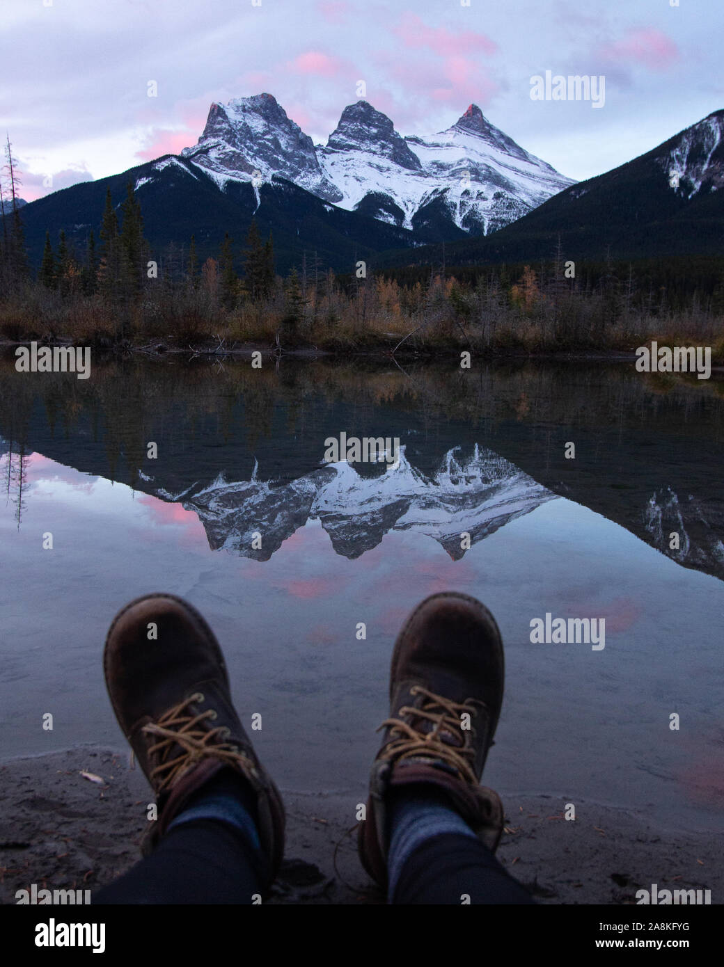 Canmore Adventure to the Three Sisters Sunrise Reflection spot Stock ...