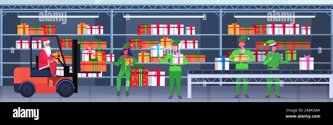 santa claus driving forklift truck elves loading colorful gift present ...