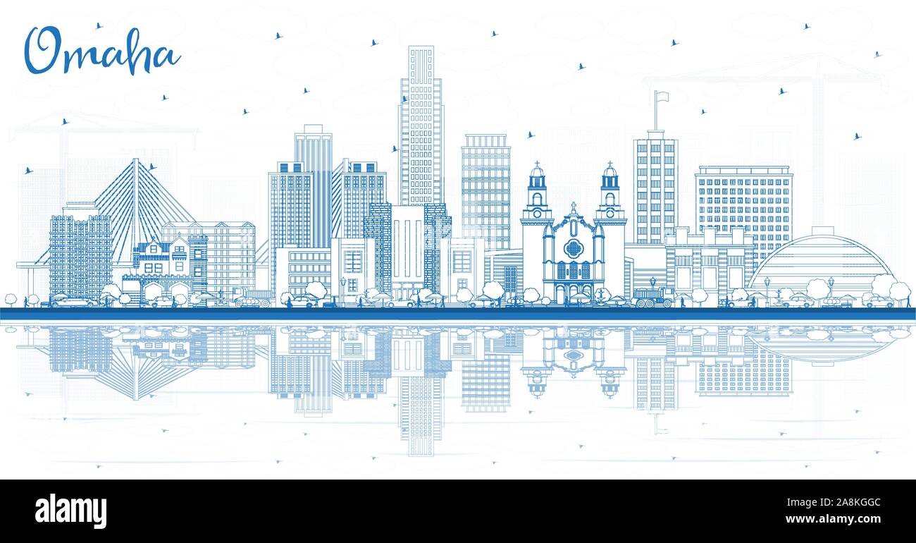 Outline Omaha Nebraska City Skyline with Blue Buildings and Reflections ...