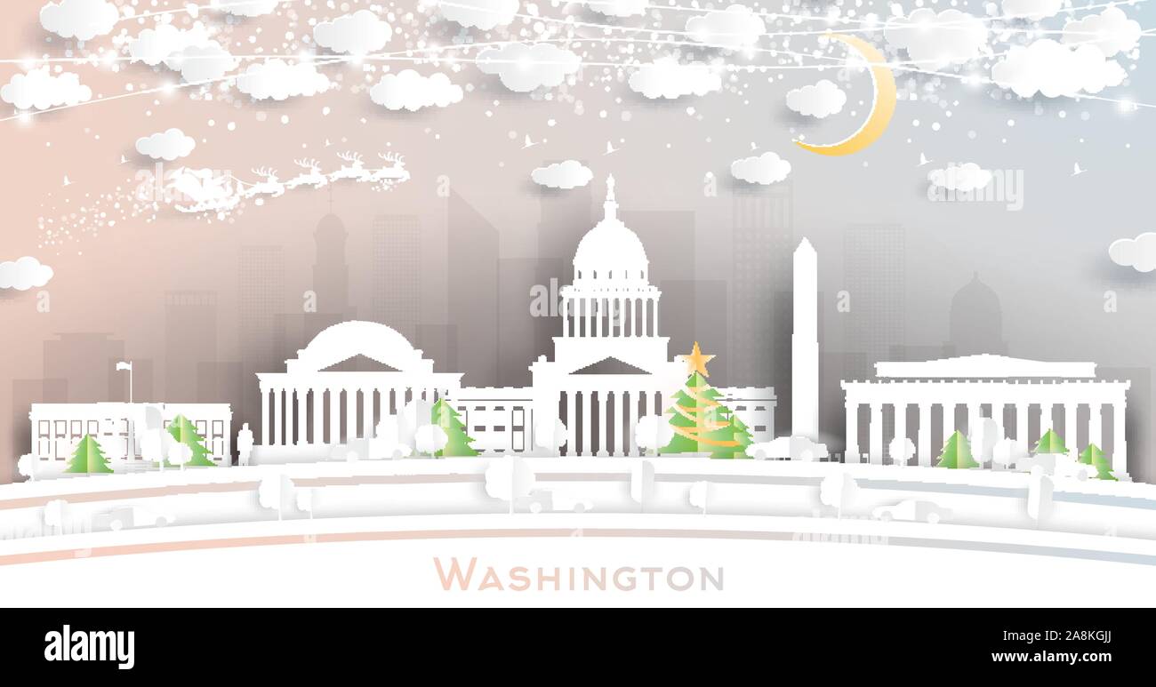 Washington DC USA City Skyline in Paper Cut Style with Snowflakes, Moon ...