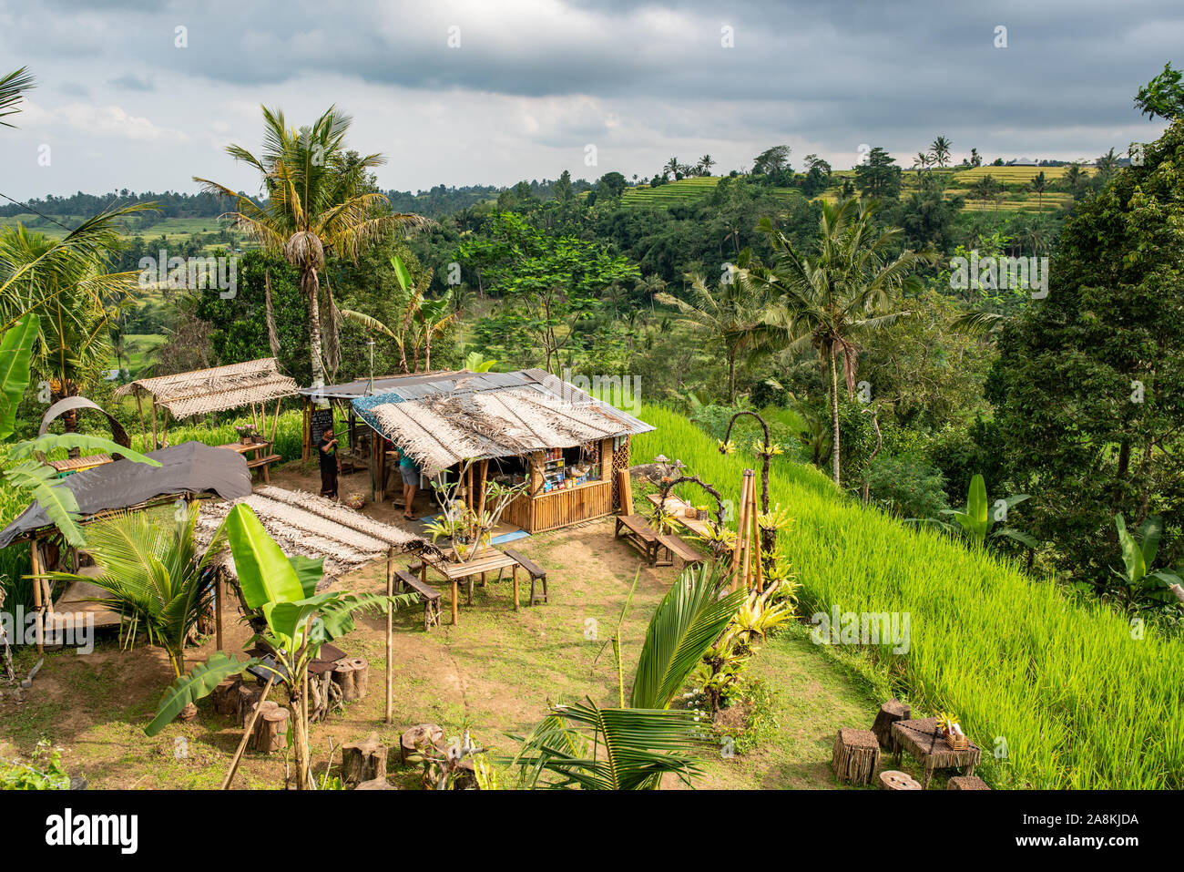Market stall on the edge of the terraced rice fields of Bali Stock ...