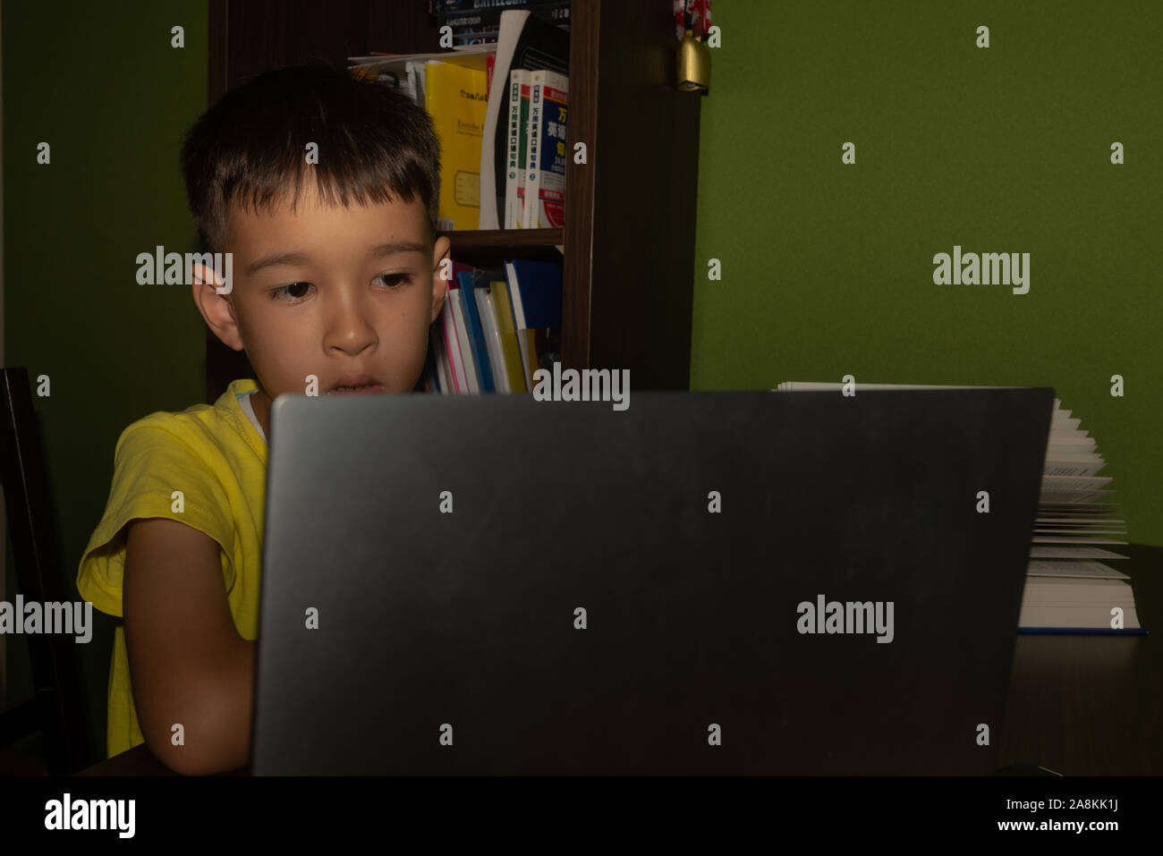 8 year old boy studying with technology Stock Photo - Alamy