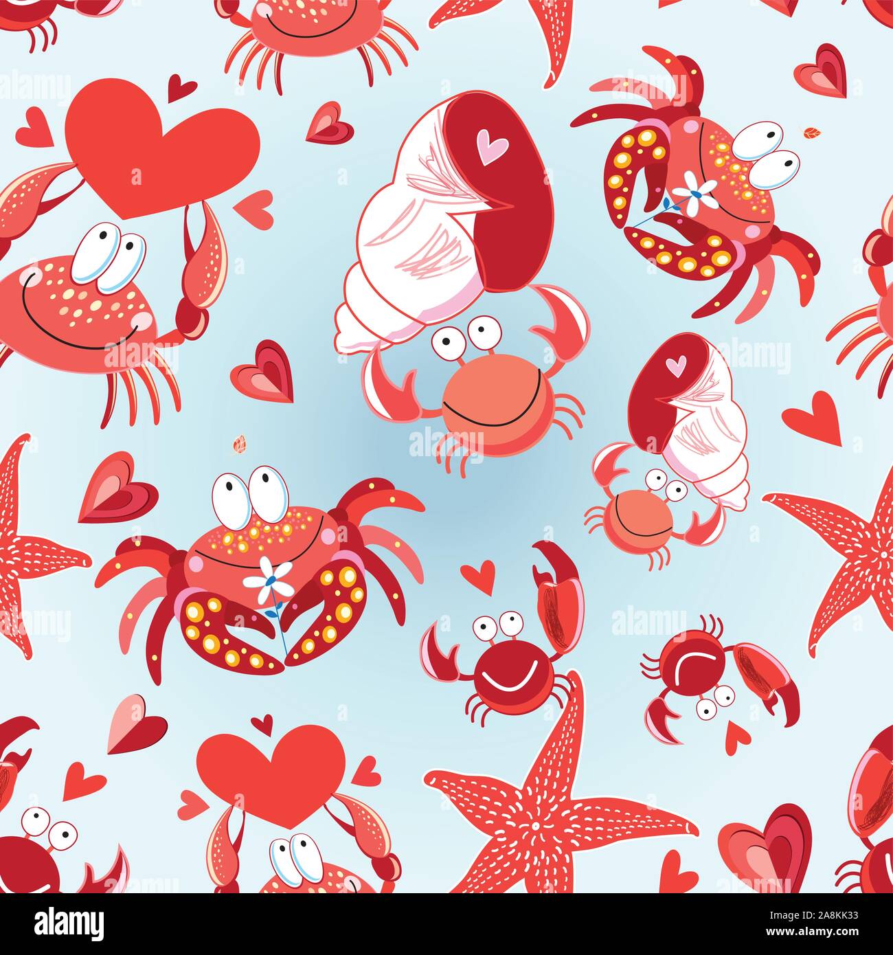 Seamless bright pattern of loving crabs with hearts on a light ...