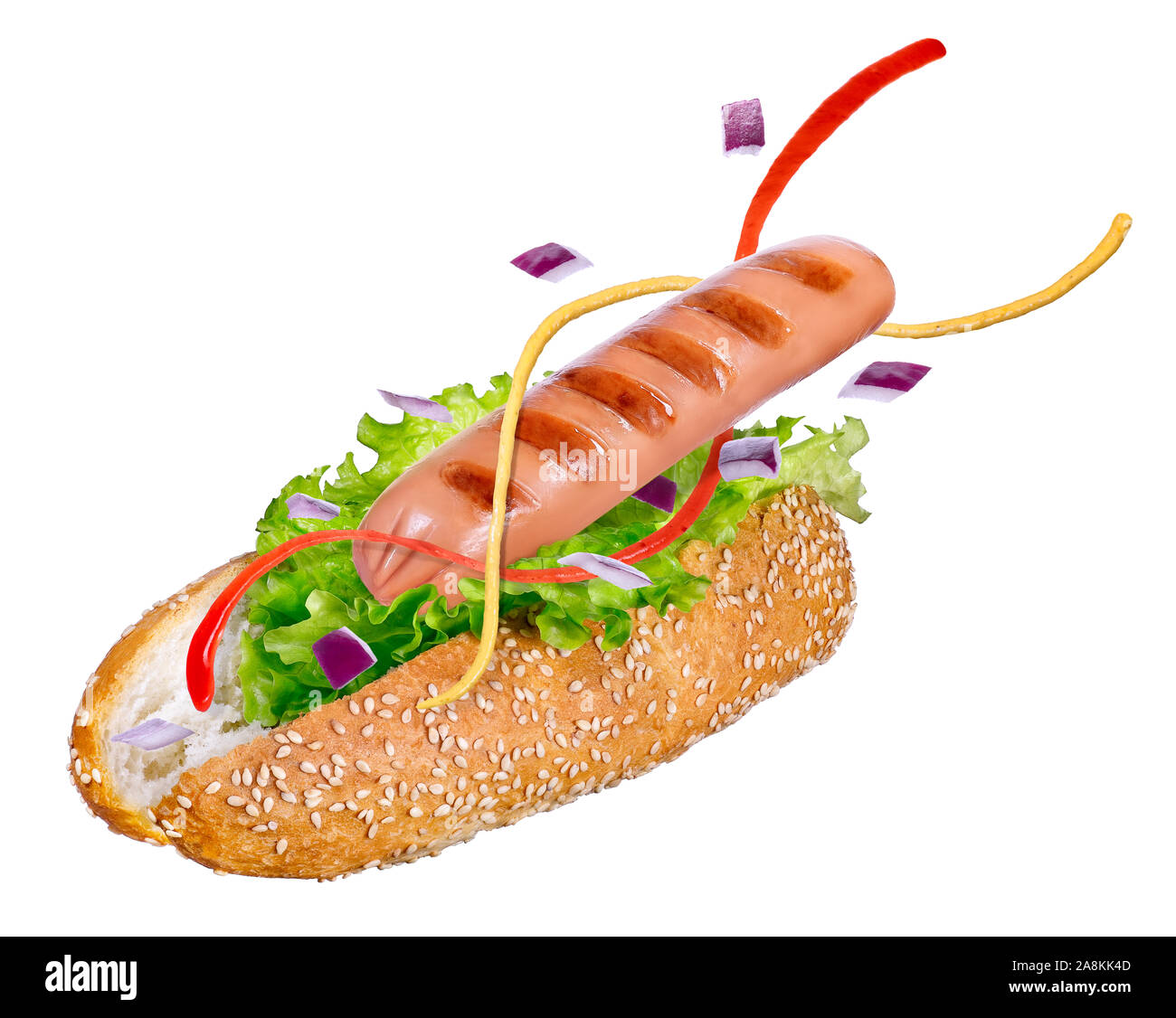 hot dog with falling in bun grilled sausage with splashing ketchup and ...