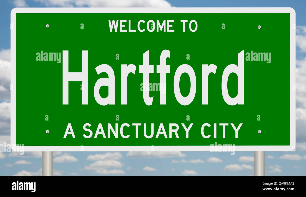 Rendering of a green 3d highway sign for Hartford, a sanctuary city ...