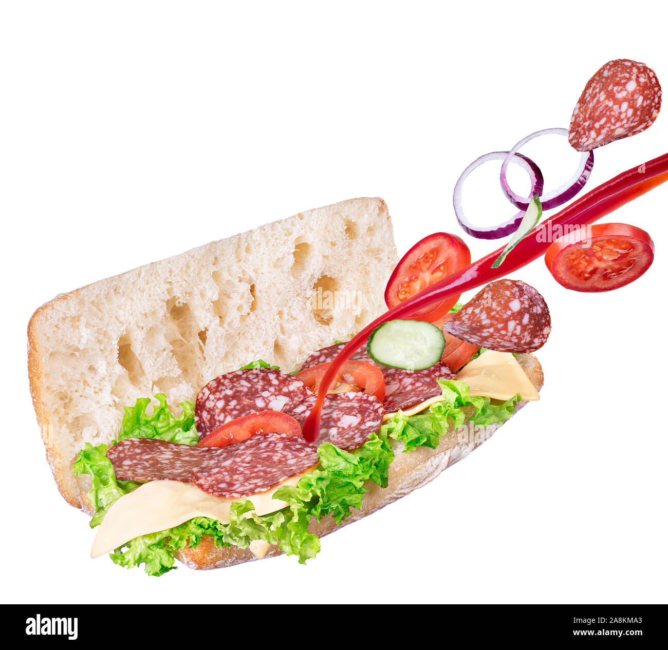 sandwich with falling in ciabatta bread salami and splashing ketchup ...