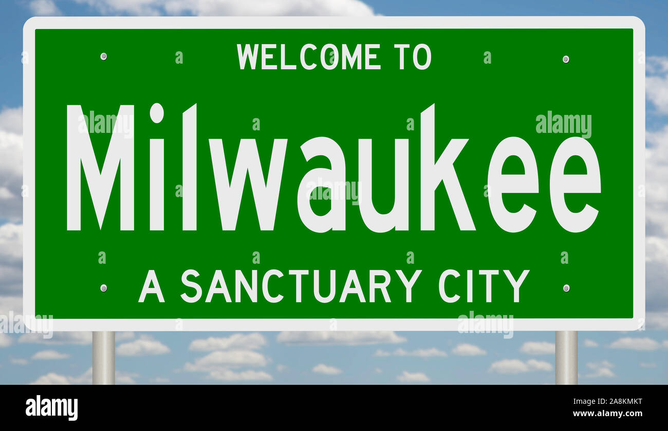 Rendering of a green 3d highway sign for Milwaukee, a sanctuary city ...