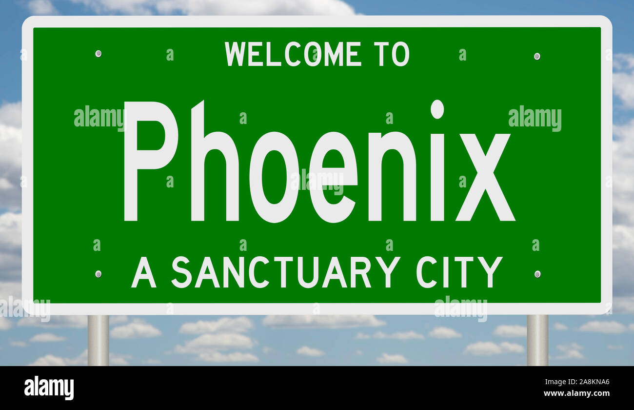 Rendering of a green 3d highway sign for Phoenix, a sanctuary city ...