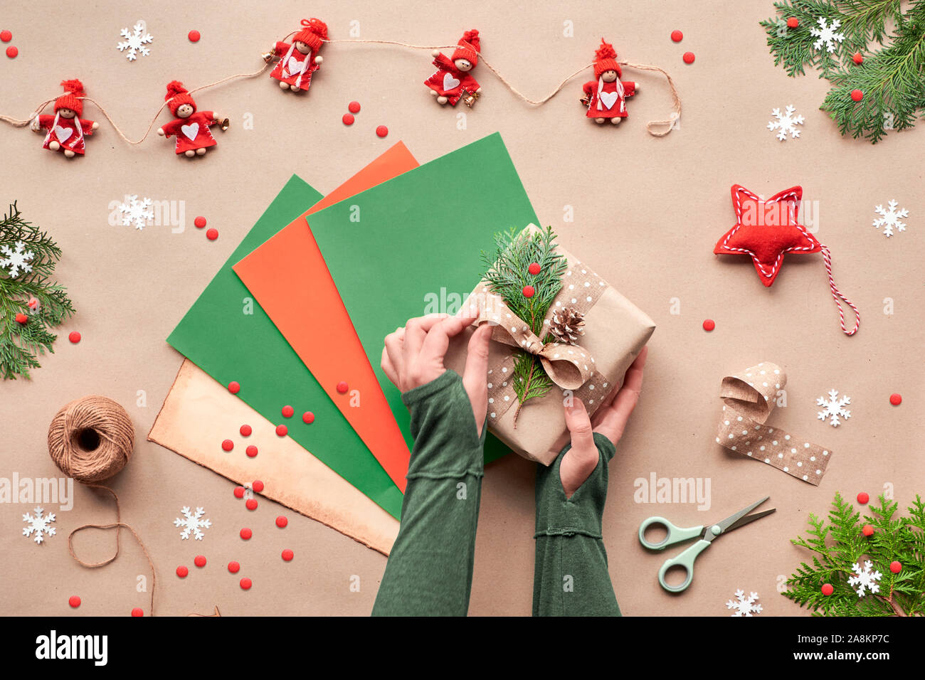 Zero waste Christmas, flat lay, top view on craft paper background ...