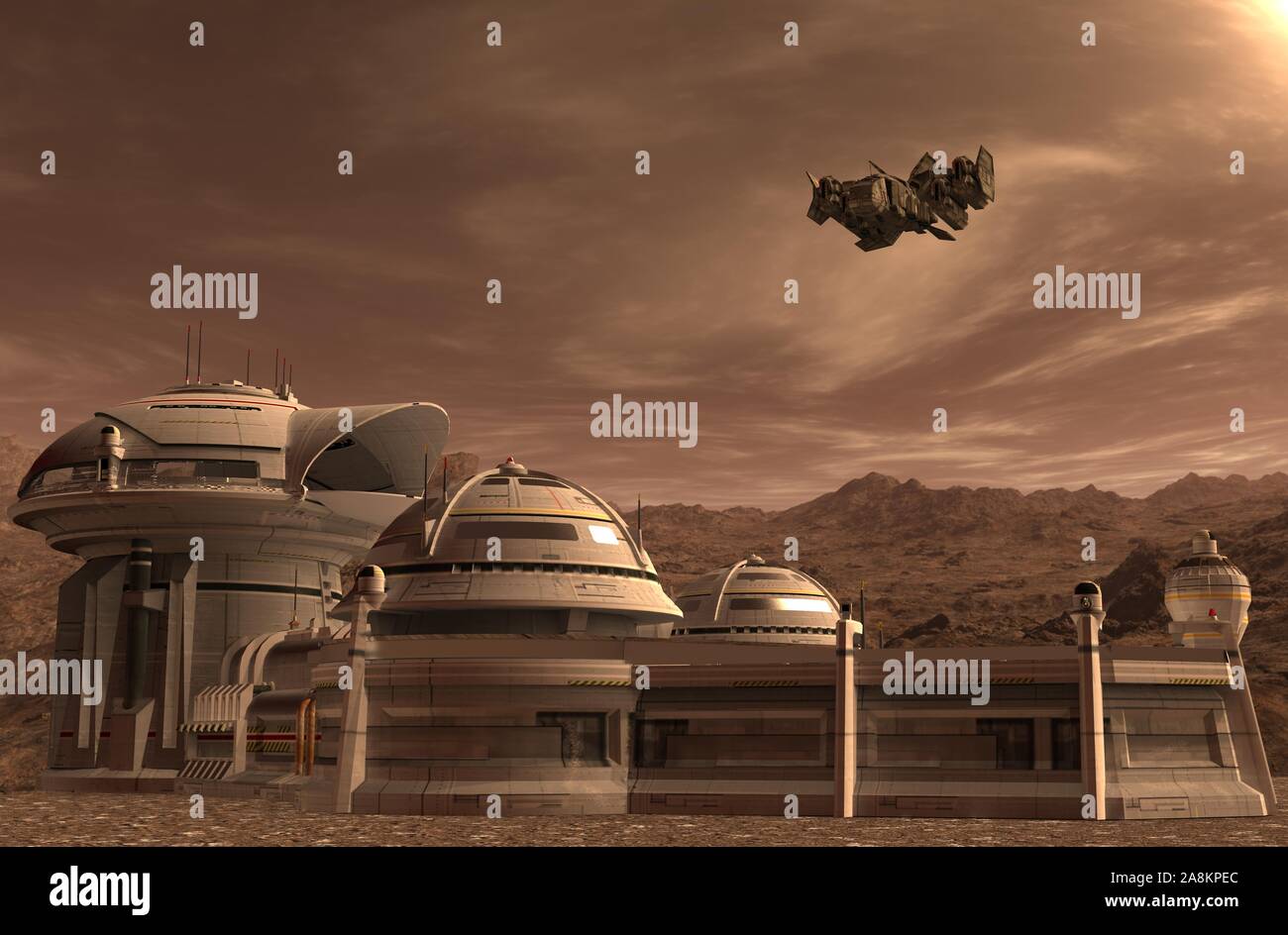 3D Illustration. Mars colony. Expedition on alien planet. Life on Mars ...