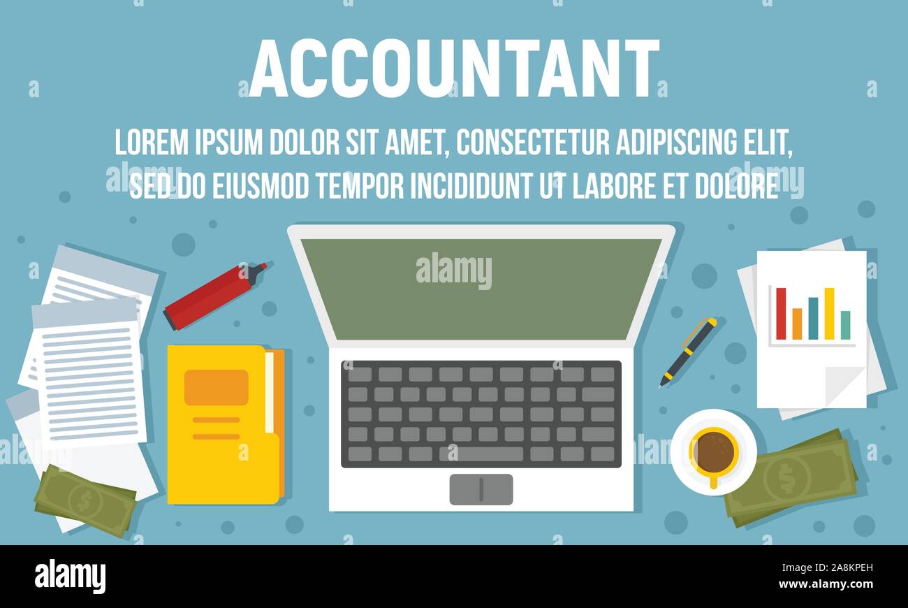 Accountant workspace concept banner. Flat illustration of accountant ...