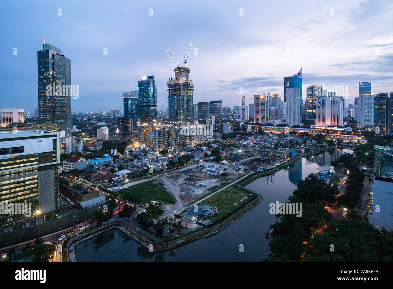 Twilight over the Jakarta business district in Indonesia capital city ...