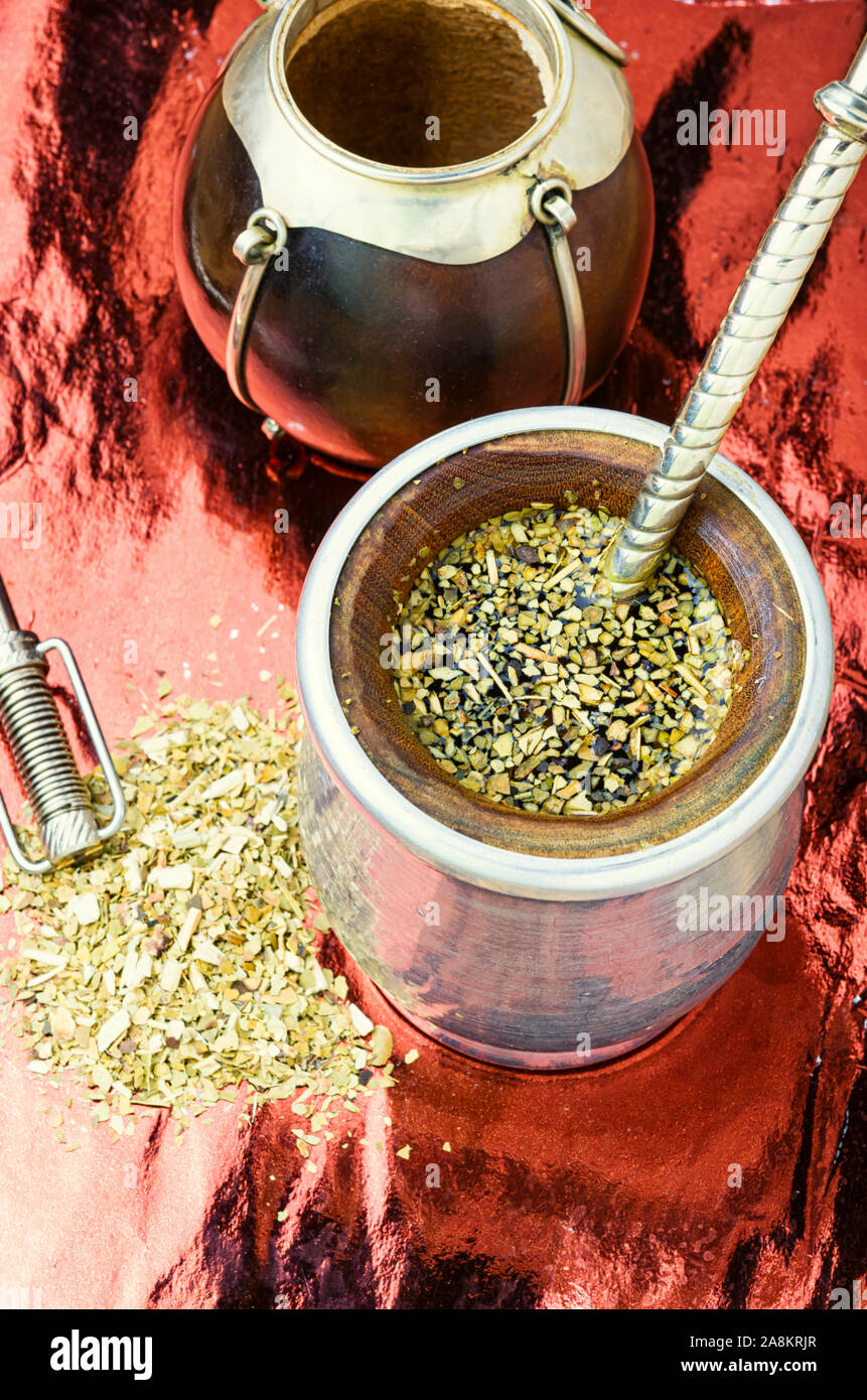 Calabash and bombilla with yerba mate.Traditional yerba mate tea Stock ...