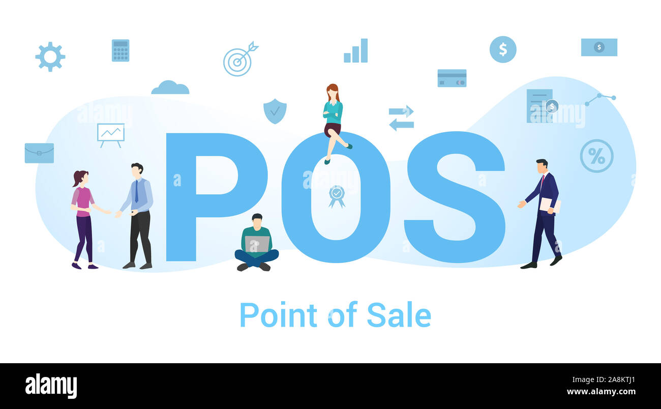 pos point of sale concept with big word or text and team people with ...