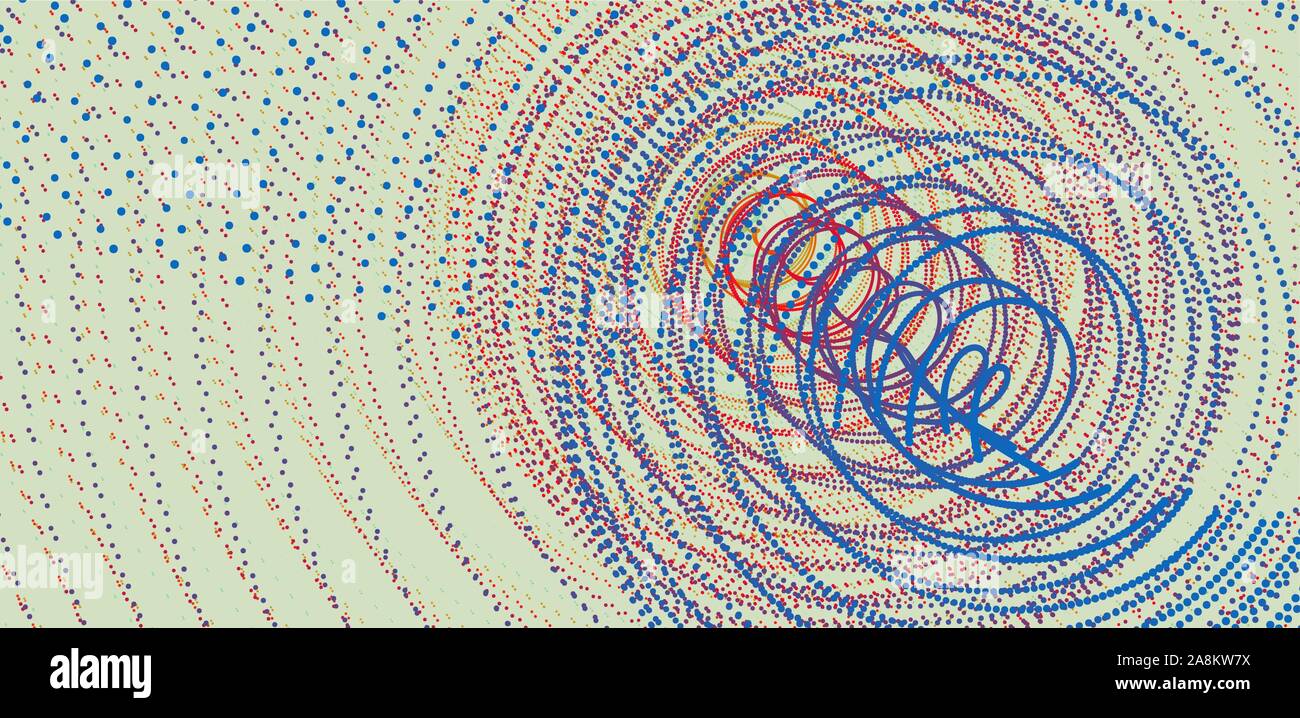 Array with dynamic particles. Swirl with connected dots. Abstract science or technology ...