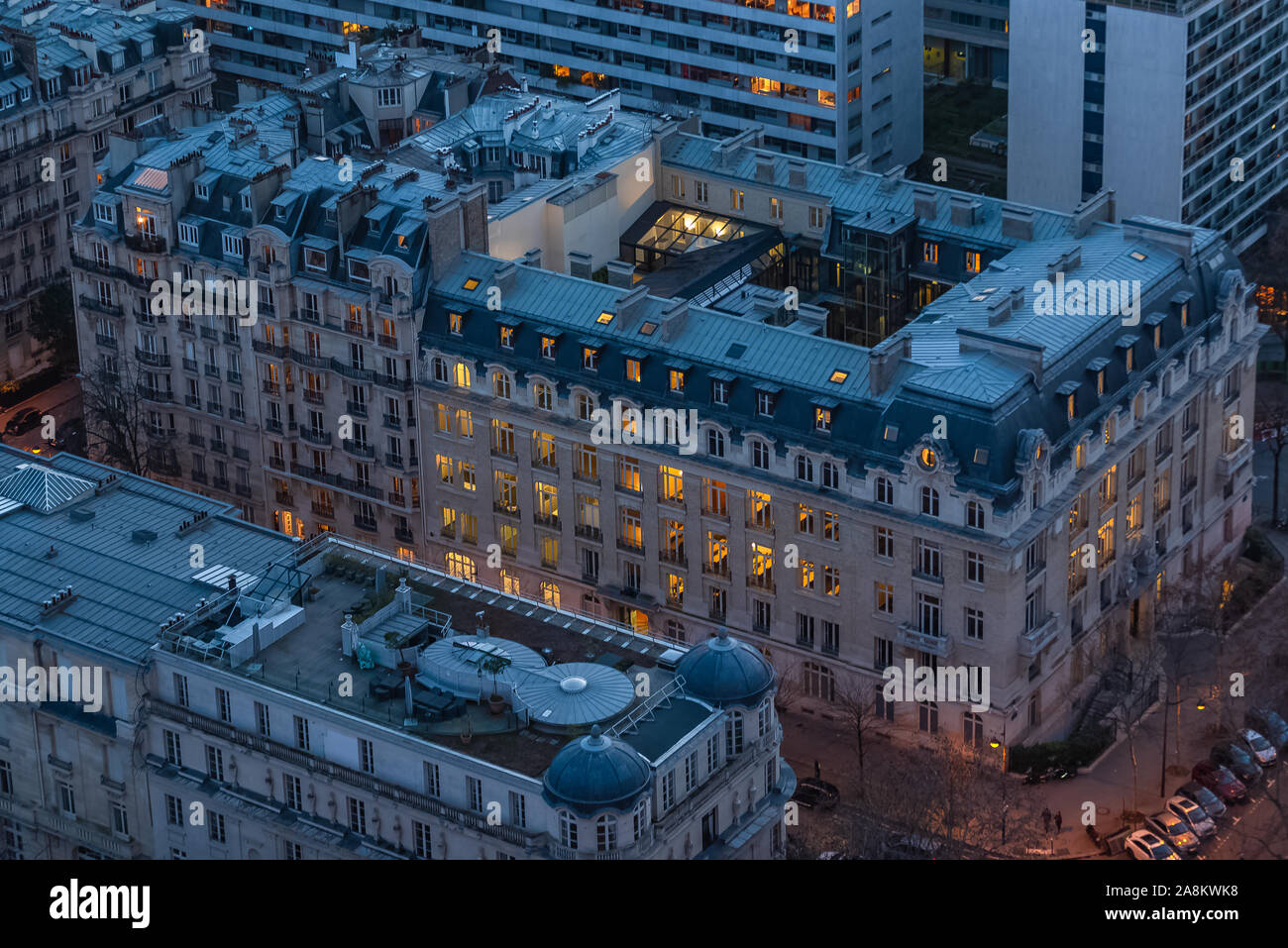 Paris, by night building, lit windows, view from the Eiffel tower Stock ...