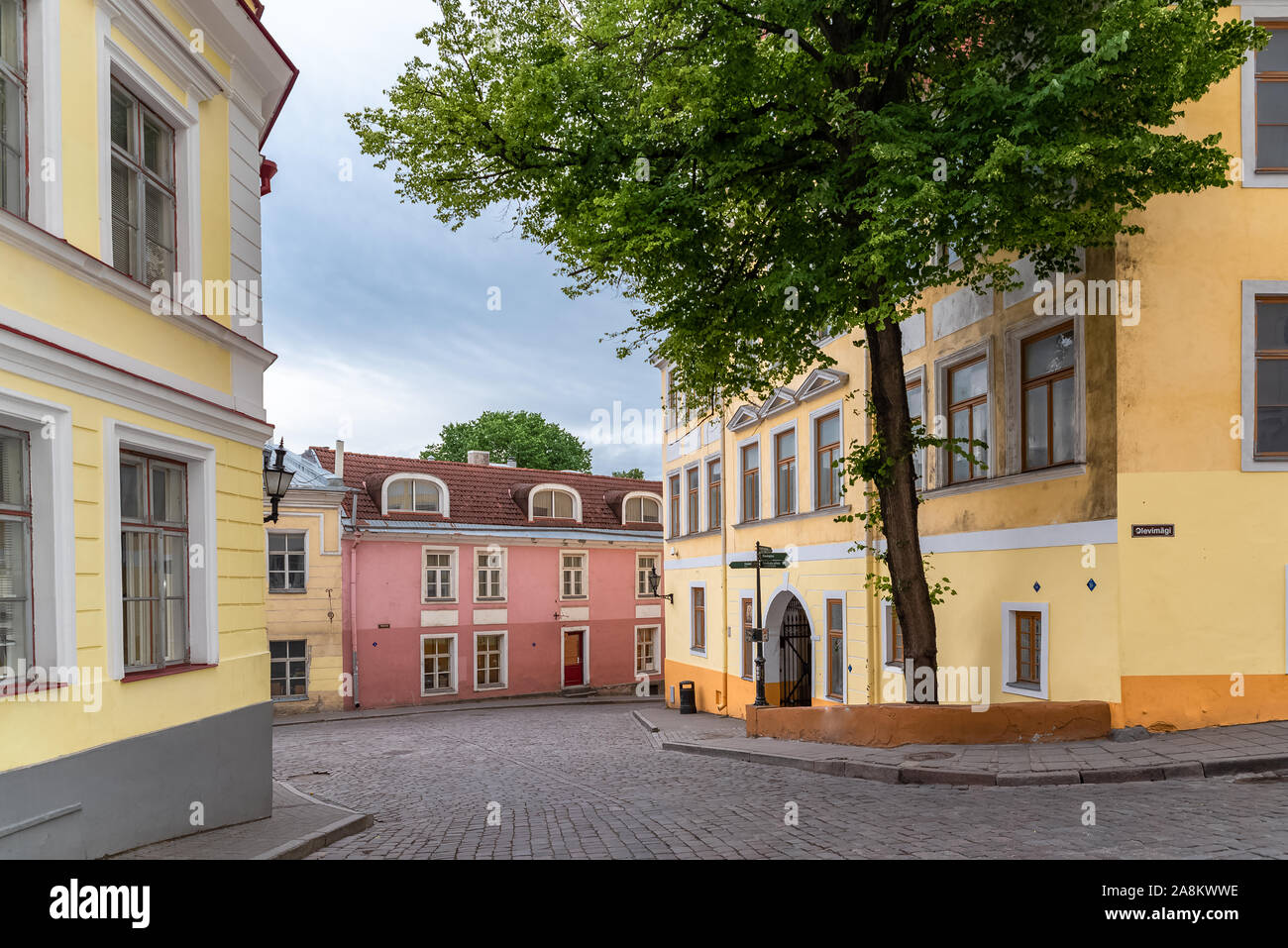 Tallinn in Estonia, colorful houses in the medieval city, typical ...