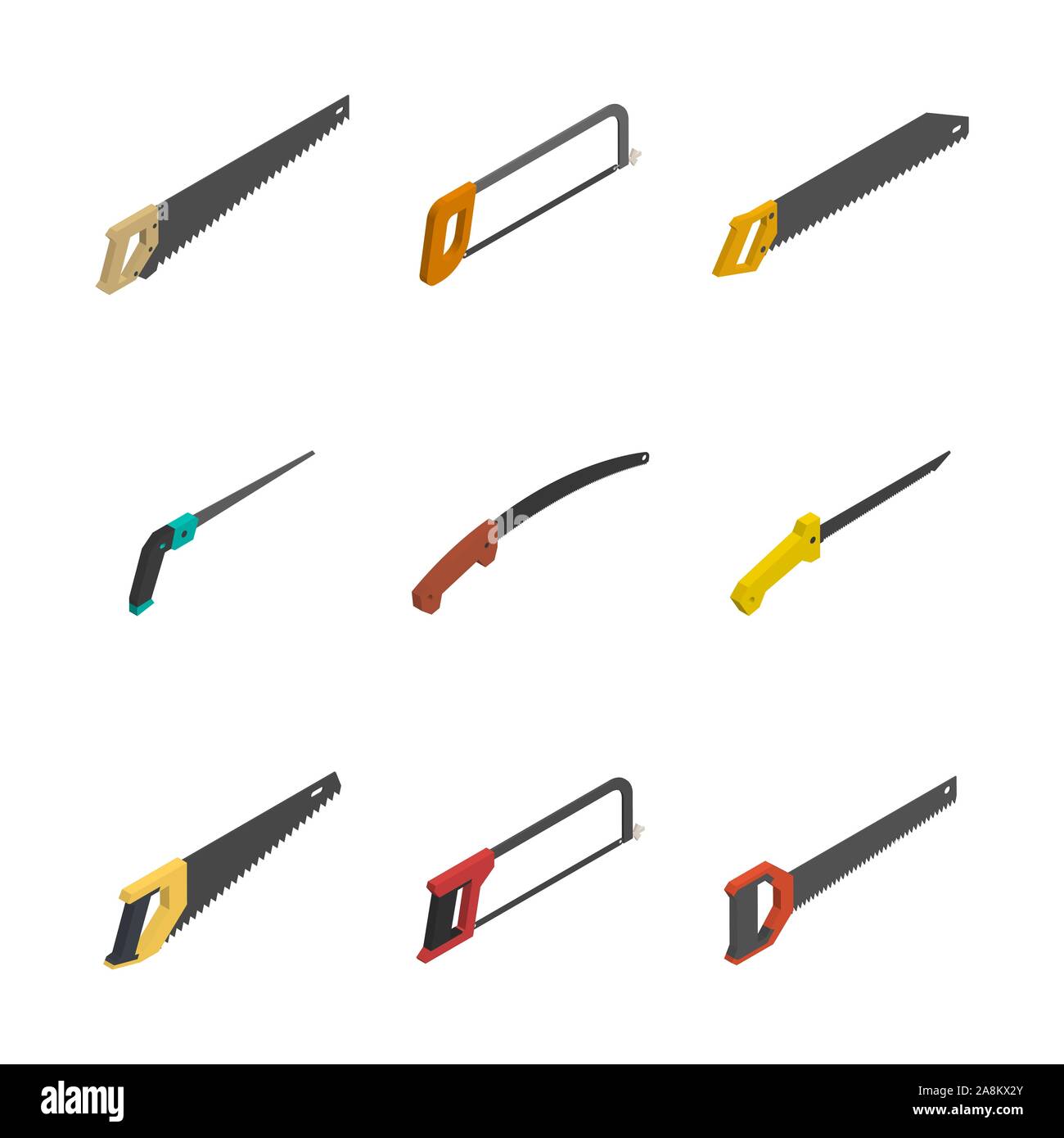 Set of various hacksaws and saws isolated on a white background. Flat ...