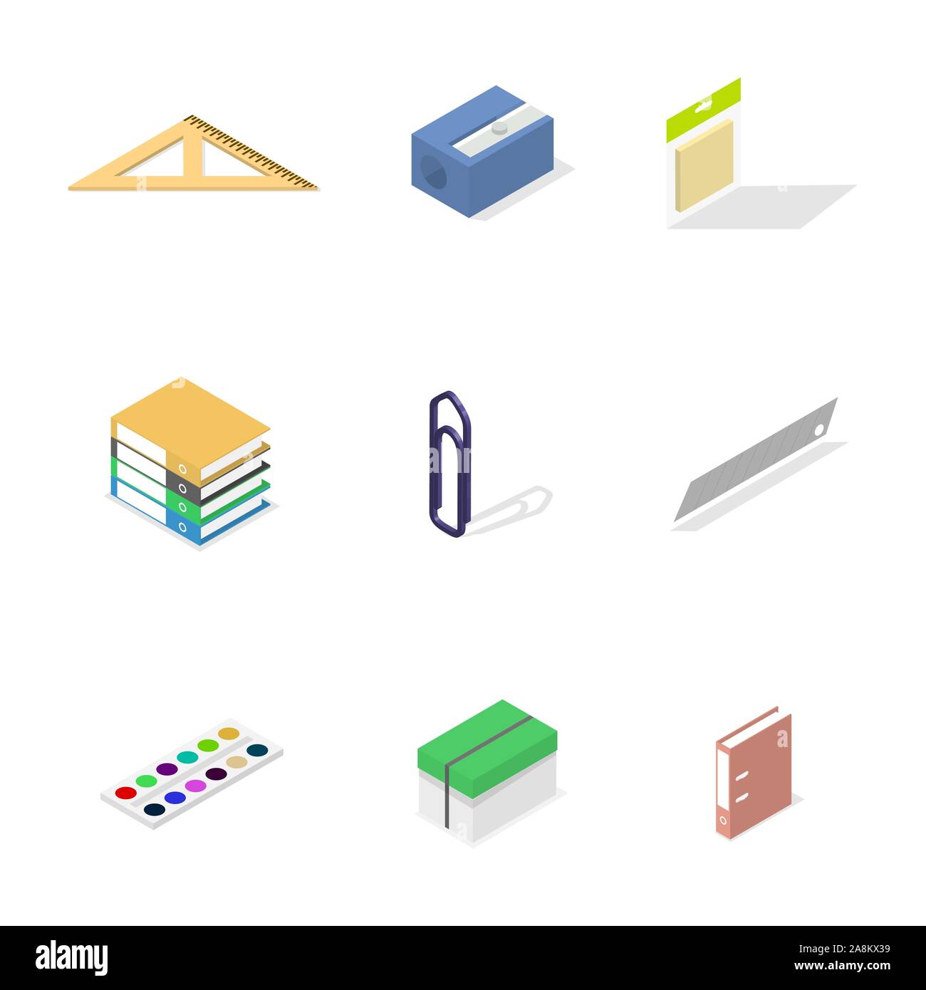 Set of icons isolated on white background, office and school. Flat 3d ...