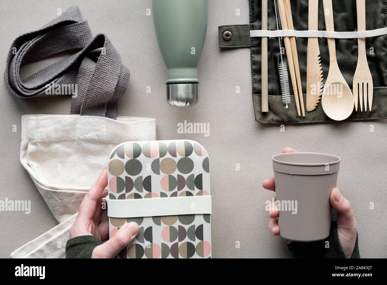 Creative top view, zero waste packed lunch concept, takeaway lunch box ...