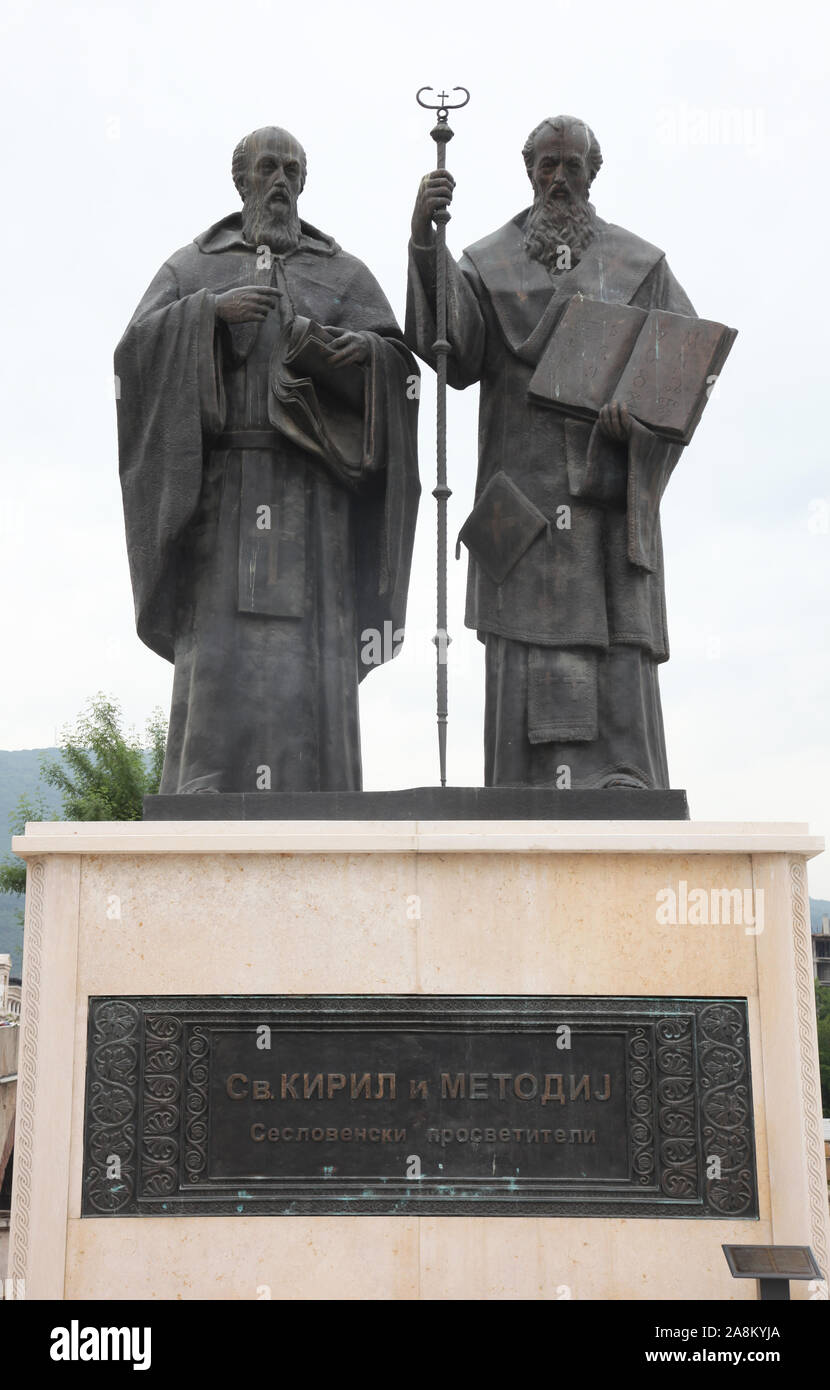 Statue of Saint Cyril and Saint Methodius in Skopje in downtown of ...