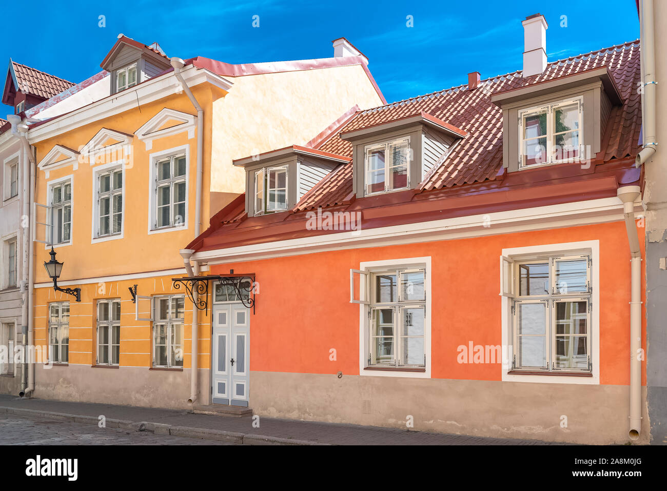 Tallinn in Estonia, colorful houses in the medieval city, typical ...