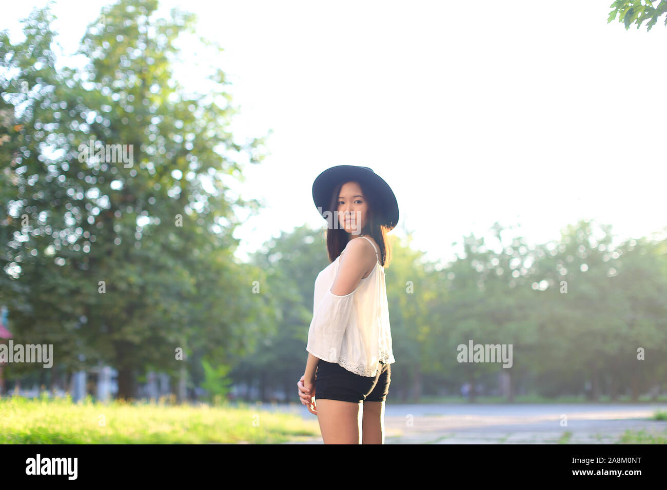 Wonderful Female Hat Asian Sunset Cheerful Emotions Laughter Stock