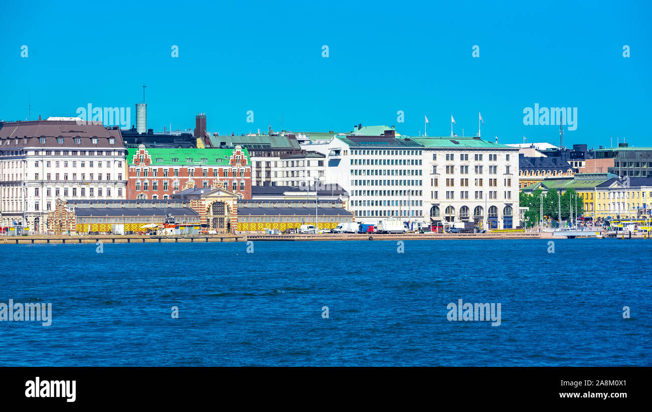 Helsinki in Finland, panorama of the town from the sea, typical ...