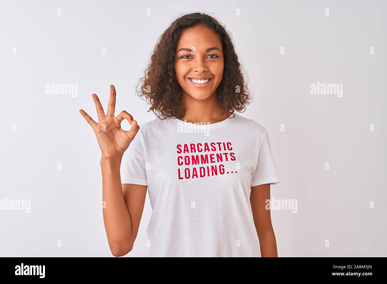 Brazilian woman wearing fanny t-shirt with irony comments over isolated ...