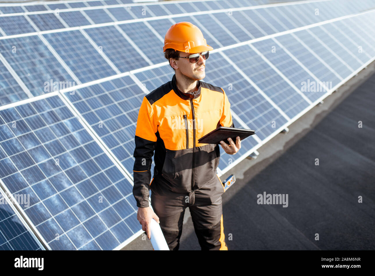 Portrait of an engineer in protective workwear carrying out service of ...