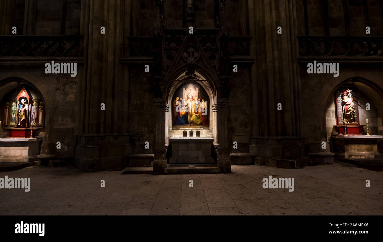 Regensburg 2019. Niche with drawing of saints in the cathedral ...