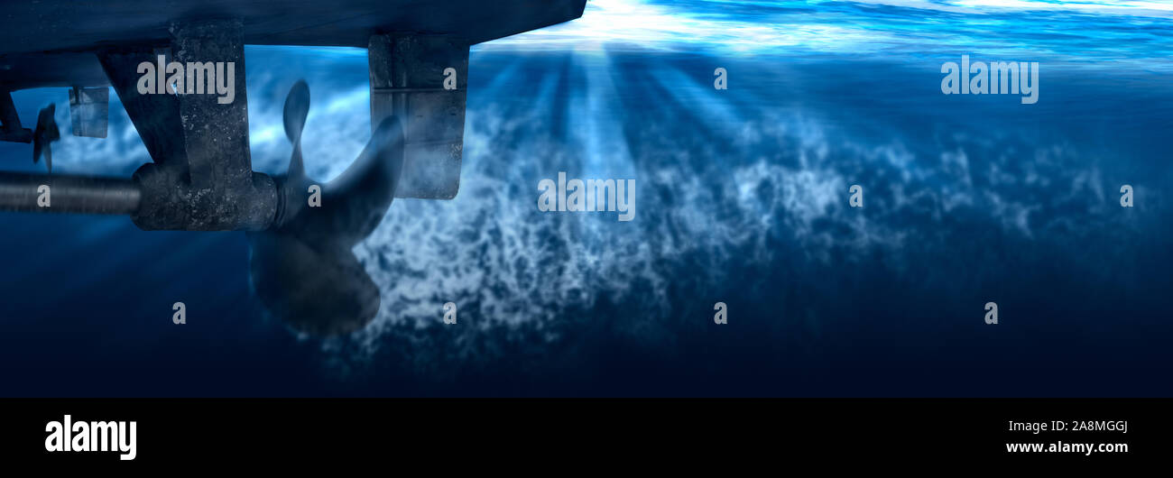 Twin propeller and rudder of big ship underway from underwater. Close ...