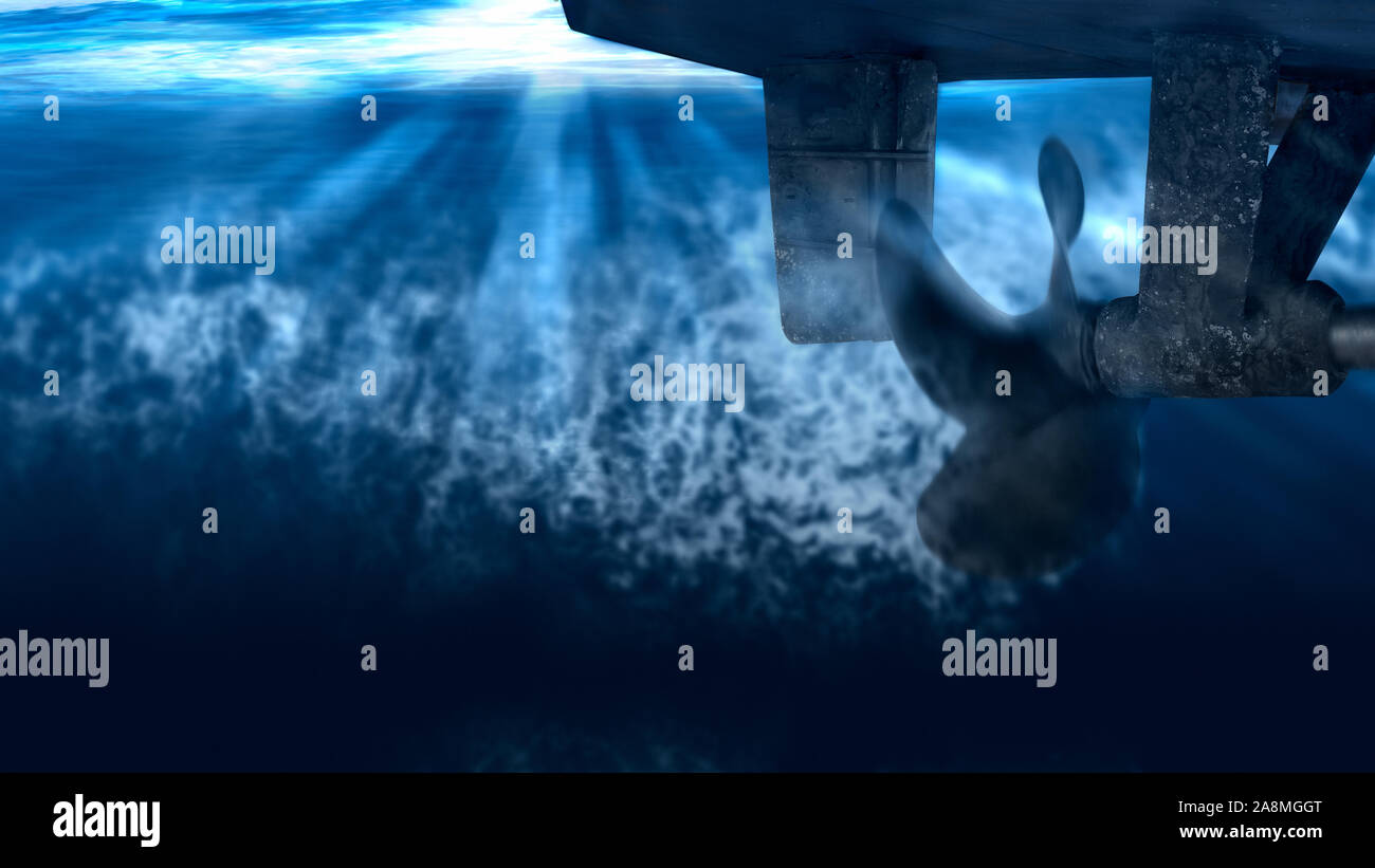 Propeller and rudder of big ship underway from underwater. Close up ...