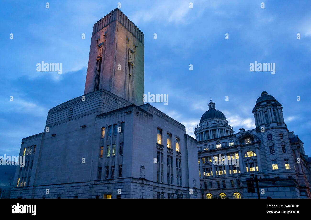 Water Tower and Port of Liverpool Building at dusk Stock Photo - Alamy