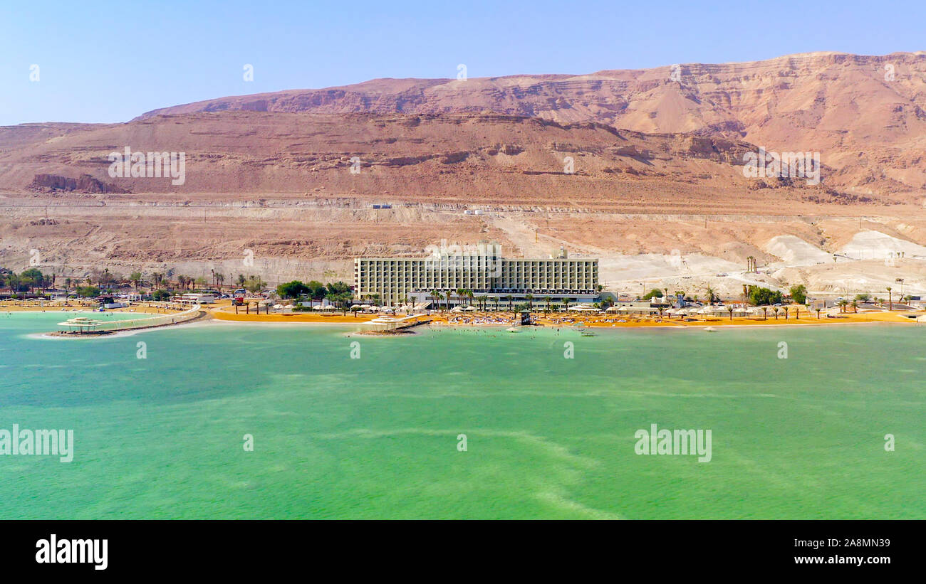 Aerial view of the Dead Sea hotels and beaches area (lowest place on ...