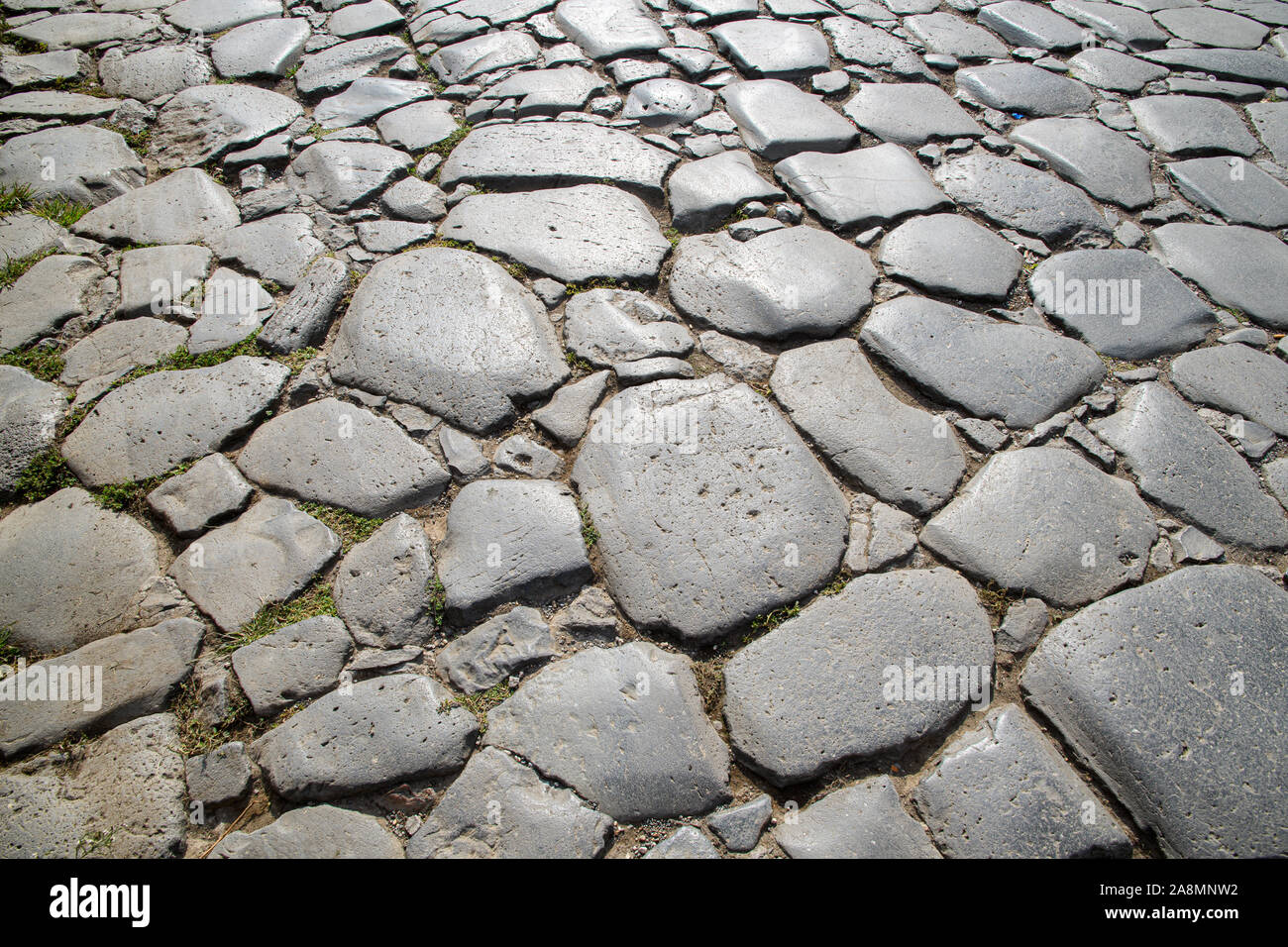 A fragment of the original cobblestone pavement of time-worn stones ...