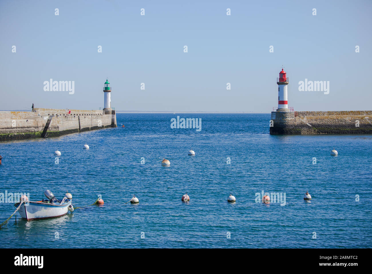 Brittany, ile de Groix, harbor Port-Tudy, lighthouses in the entrance ...