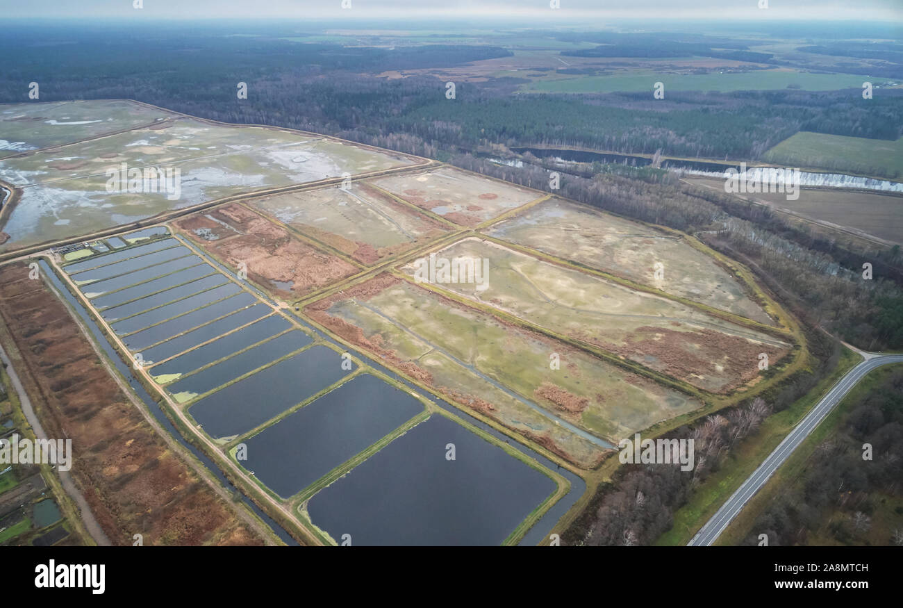 Agriculture field with water ponds above drone view Stock Photo - Alamy
